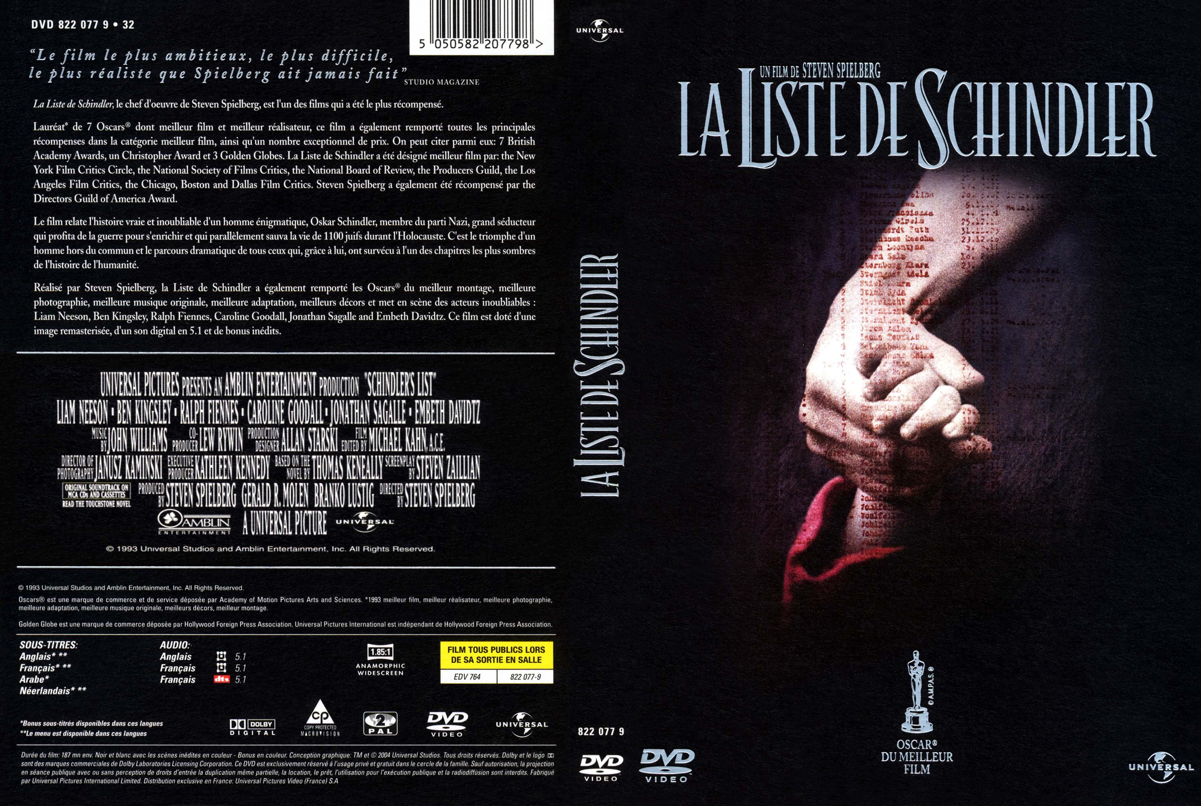 Jaquette DVD de La liste de Schindler - Cinéma Passion Jaquette DVD de La liste de Schindler - Cinéma Passion